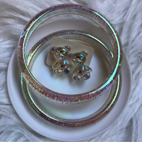 Jewelry | Funky Y2k Vibes Holographic Bear Stud Earrings 2 Bangle Bracelets | Poshmark